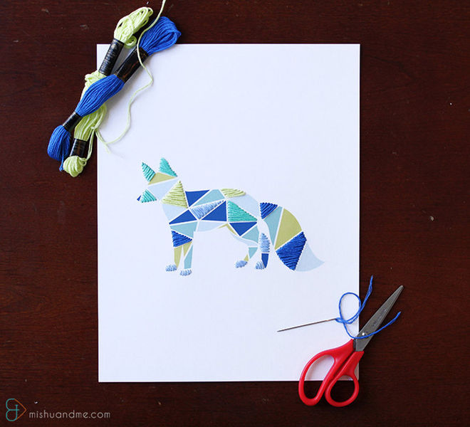 Paper Embroidered Geometric Fox - 8.5x11in Print - MishuAndMe - PinkLion