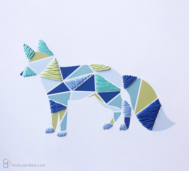 Paper Embroidered Geometric Fox - 8.5x11in Print - MishuAndMe - PinkLion