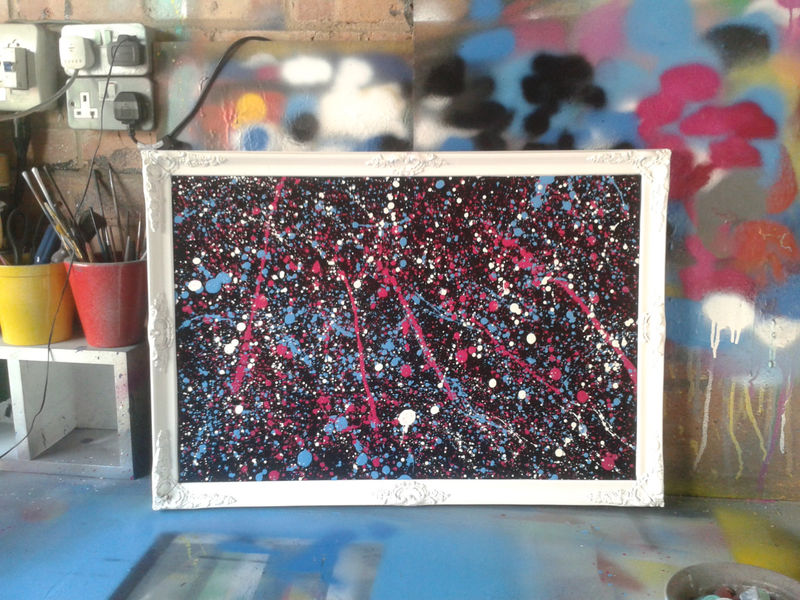 Up cycled antique frame with pollock splash effect on black pain ...
