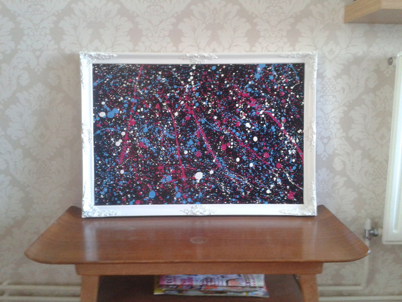 Up cycled antique frame with pollock splash effect on black pain ...