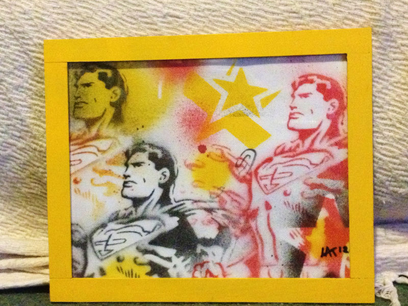 superman framed painting,yellow,stencil art,superheros,dc comics ...