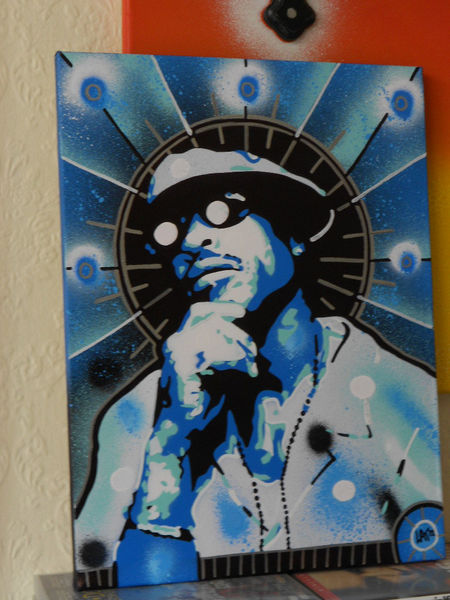 painting of hip hop artist guru,icon guru blue,stencil,spraypain ...
