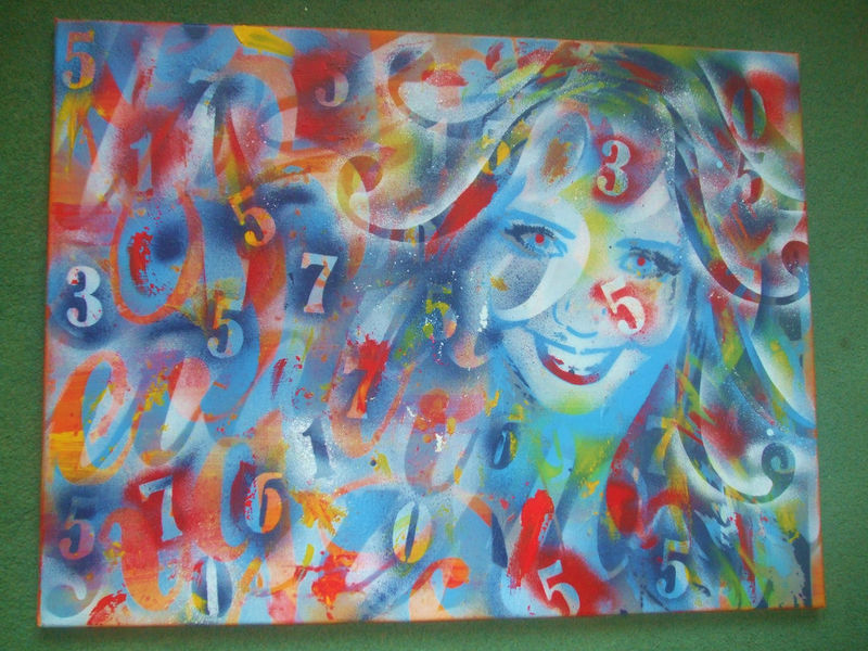 abstract painting of letters & numbers with womans face,stencils ...
