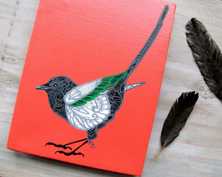 Magpie Tangle Original Acrylic Painting 6 x 8 - MayhemHere - PinkLion