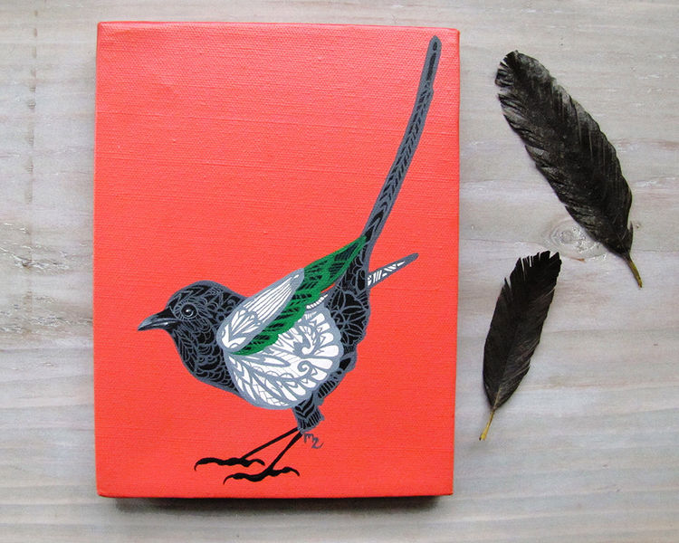 Magpie Tangle Original Acrylic Painting 6 x 8 - MayhemHere - PinkLion