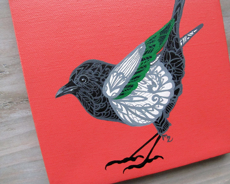 Magpie Tangle Original Acrylic Painting 6 x 8 - MayhemHere - PinkLion