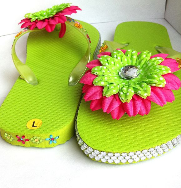Cute neon green childrens blinged flip flops size L - BeadingByJenn ...