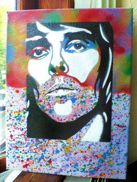painting of ian brown of stone roses ,splash stubble,stencil art ...