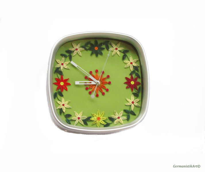 Green Quilling Wall Clock with Flowers, Wall Clock with Quilled ...