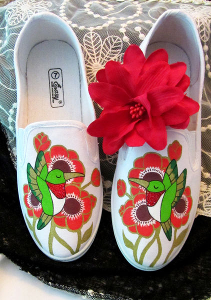 Rhinestone Hand Painted Hummingbird Flower Slip On Shoes - Shoeluvly ...