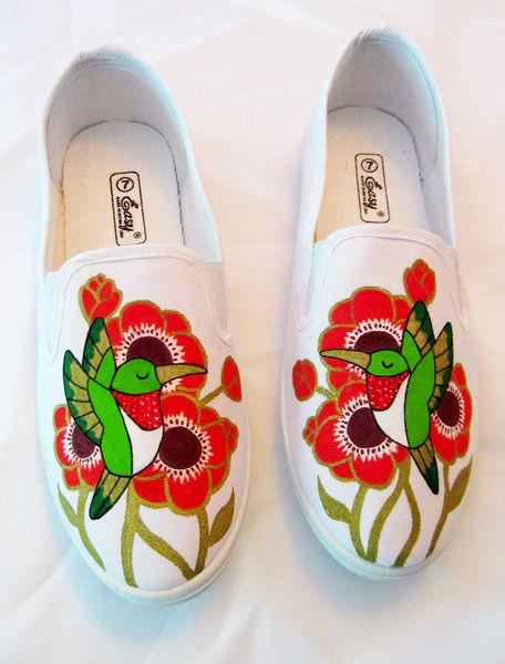 Rhinestone Hand Painted Hummingbird Flower Slip On Shoes - Shoeluvly ...