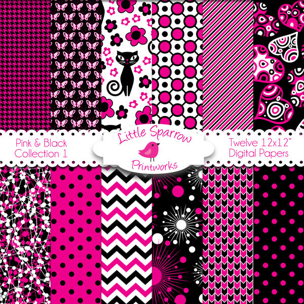 Hot Pink and Black Collection #1 Set of 12 Digital Papers - Little ...