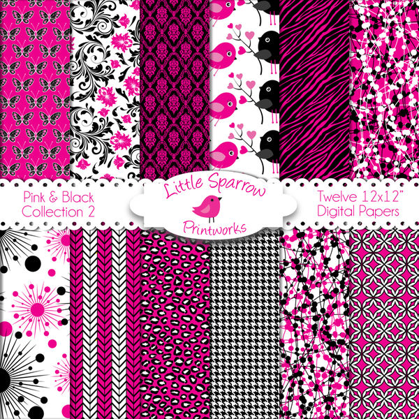 Hot Pink and Black Collection #2 Set of 12 Digital Papers - Little ...