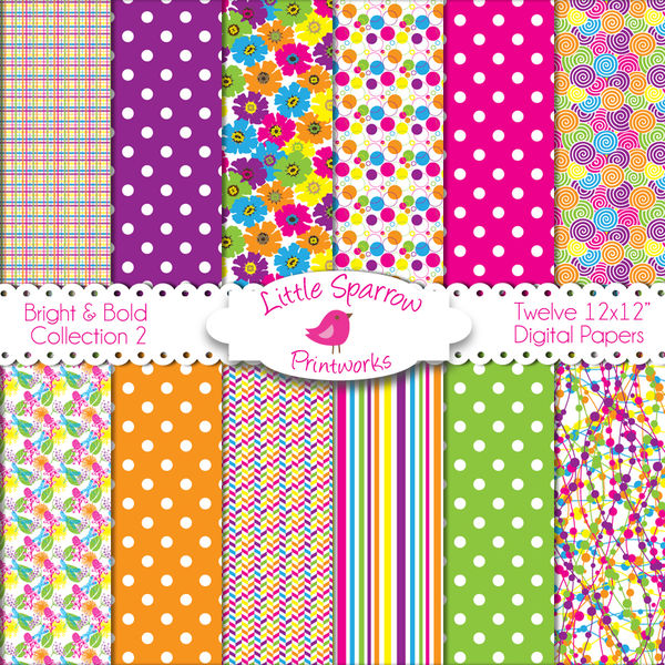 Bright and Bold Collection #2 Set of 12 Digital Papers - Little Sparrow ...