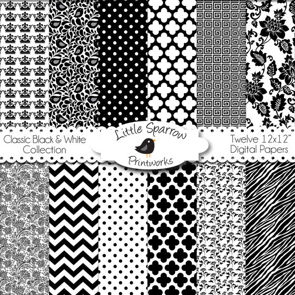 Classic Black and White Collection Set of 12 Digital Papers - Little ...