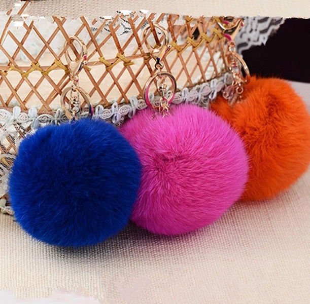 Cute Genuine Leather Rabbit fur ball plush key chain for car key ...
