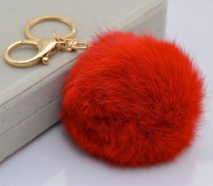 Cute Genuine Leather Rabbit fur ball plush key chain for car key ...