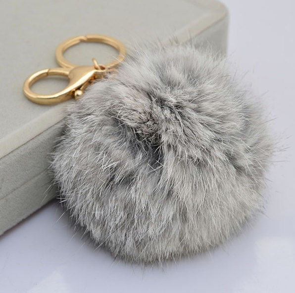 Cute Genuine Leather Rabbit fur ball plush key chain for car key ...