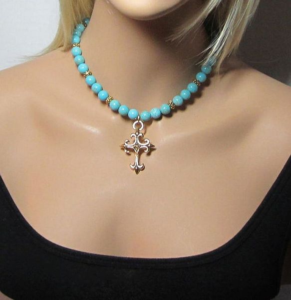 Gold Cross & Turquoise Necklace - Luvabead - PinkLion