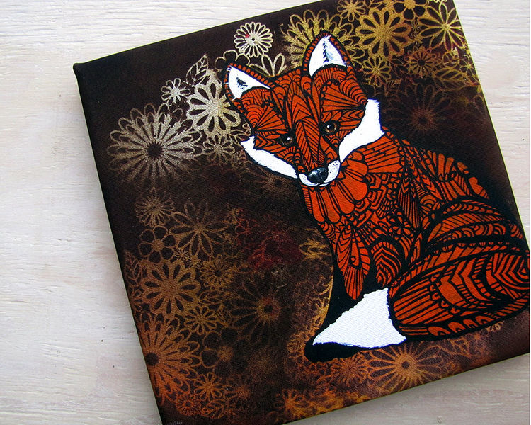 Fox Zentangle Canvas Art Print - 9 x 9 " - MayhemHere - PinkLion