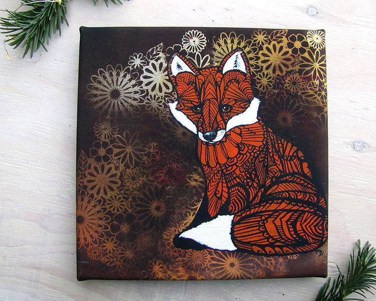 Fox Zentangle Canvas Art Print - 9 x 9 " - MayhemHere - PinkLion