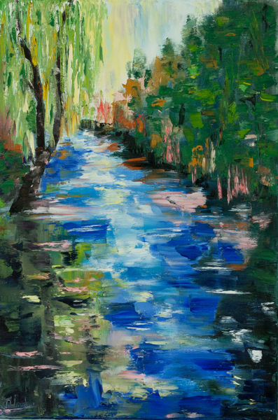 Abstract willow trees by the river lake. Water reflection. Blue ...