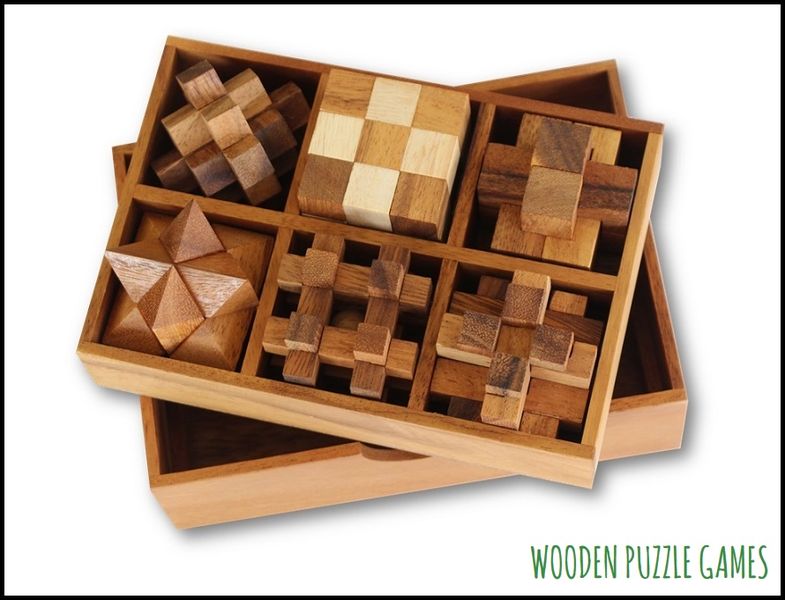 Set of 6 Puzzles in a wooden Box - Wooden Puzzle Games - PinkLion