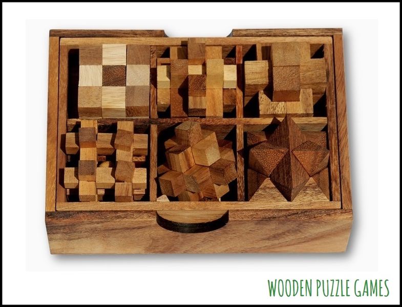 Set of 6 Puzzles in a wooden Box - Wooden Puzzle Games - PinkLion
